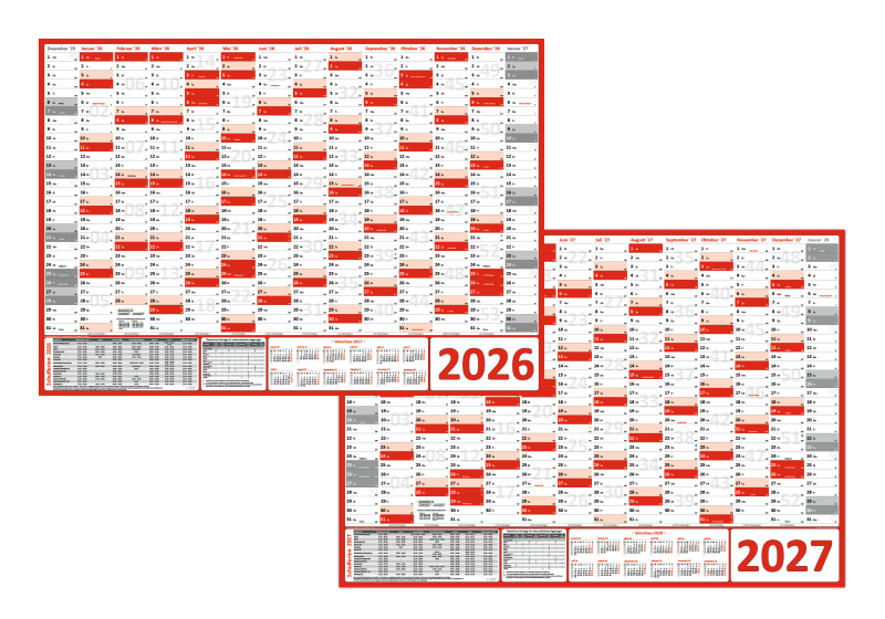 Rot Kalender 2026 + 2027 in grossem DIN A0 Format - Wandkalender Shop